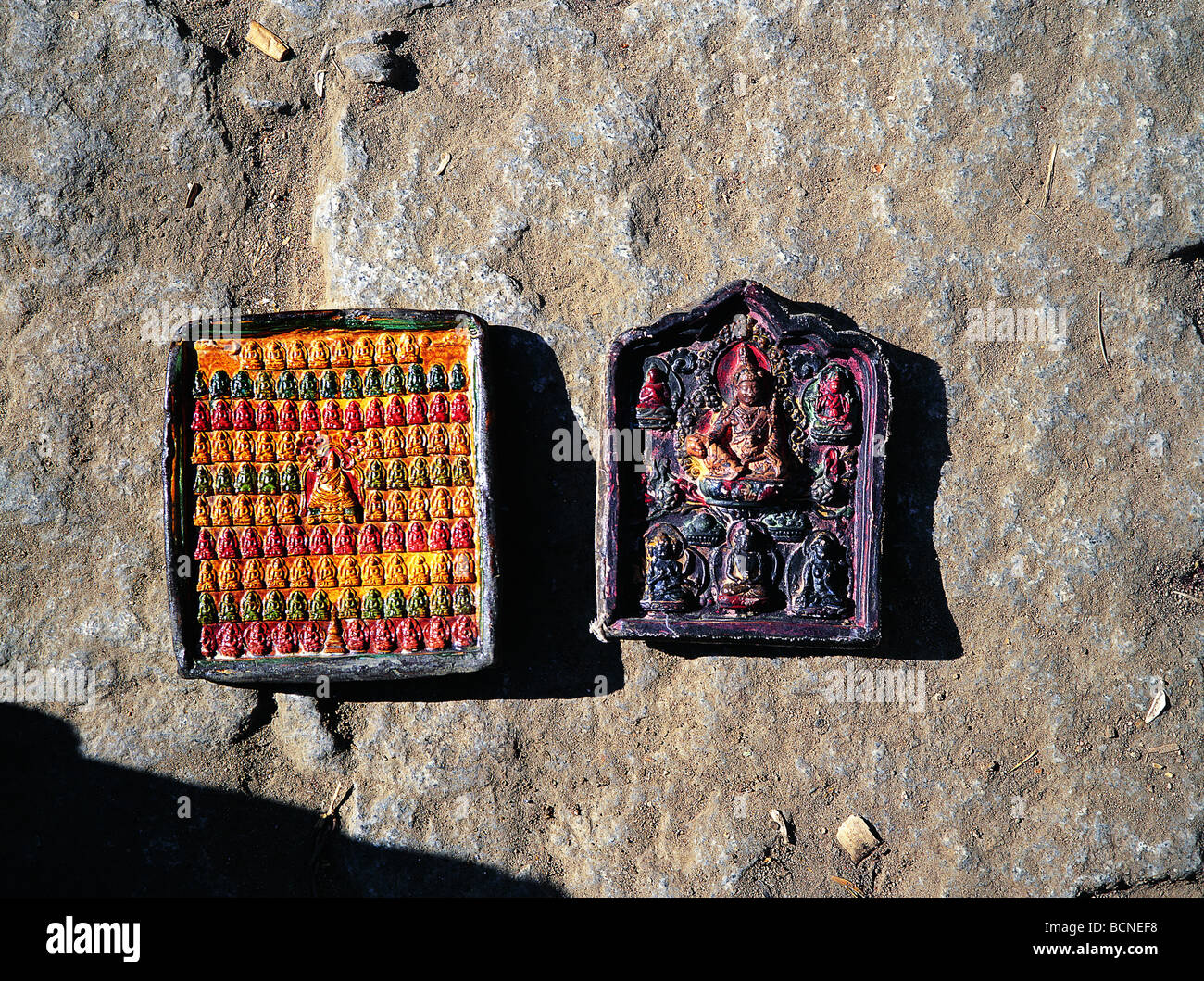 Colorful clay medallions with religious images, Tibet, china Stock ...