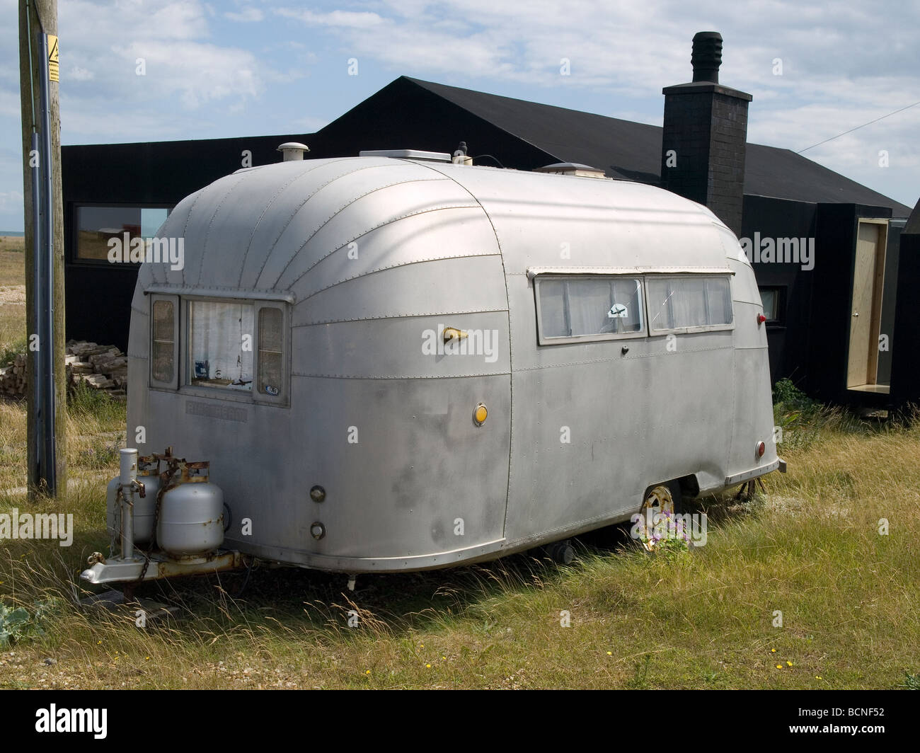 Classic vintage Airstream american trailer caravan parked at Dungeness ...
