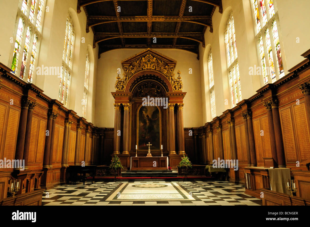 Trinity College Chapel, showing the altar and war memorial Cambridge ...