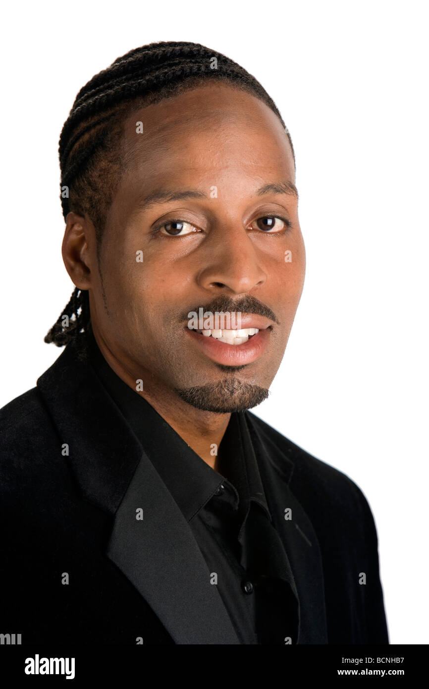 African American man smiling straight on camera, wearing a black jacket ...