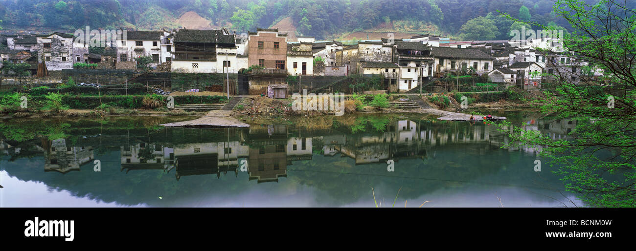 River embracing Wangkou Village in spring, Jiangwan Town, Wuyuan County ...
