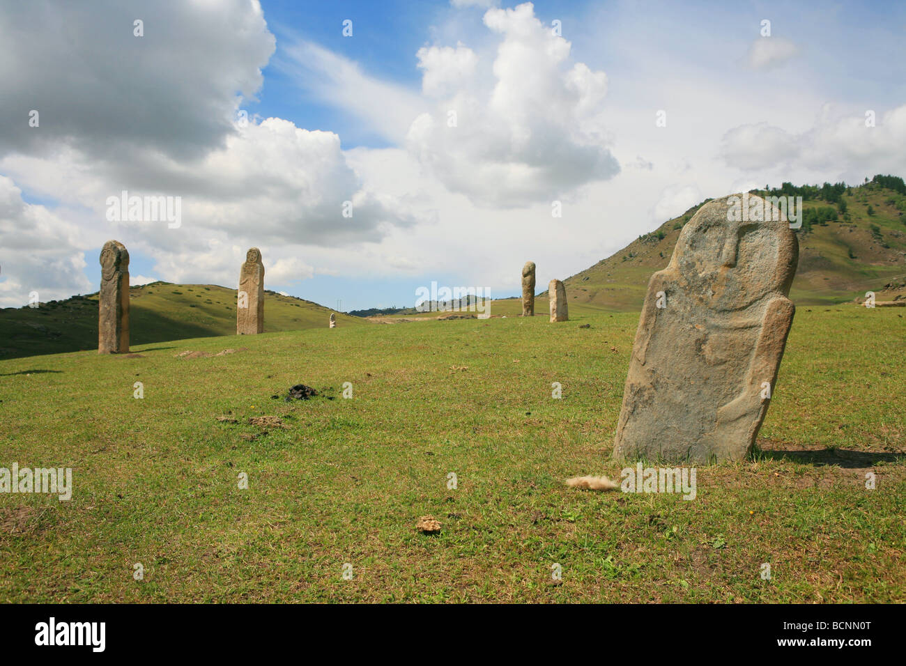 Deer stone on grassland, Lei Tai City, Xinjiang Uyghur Autonomous ...