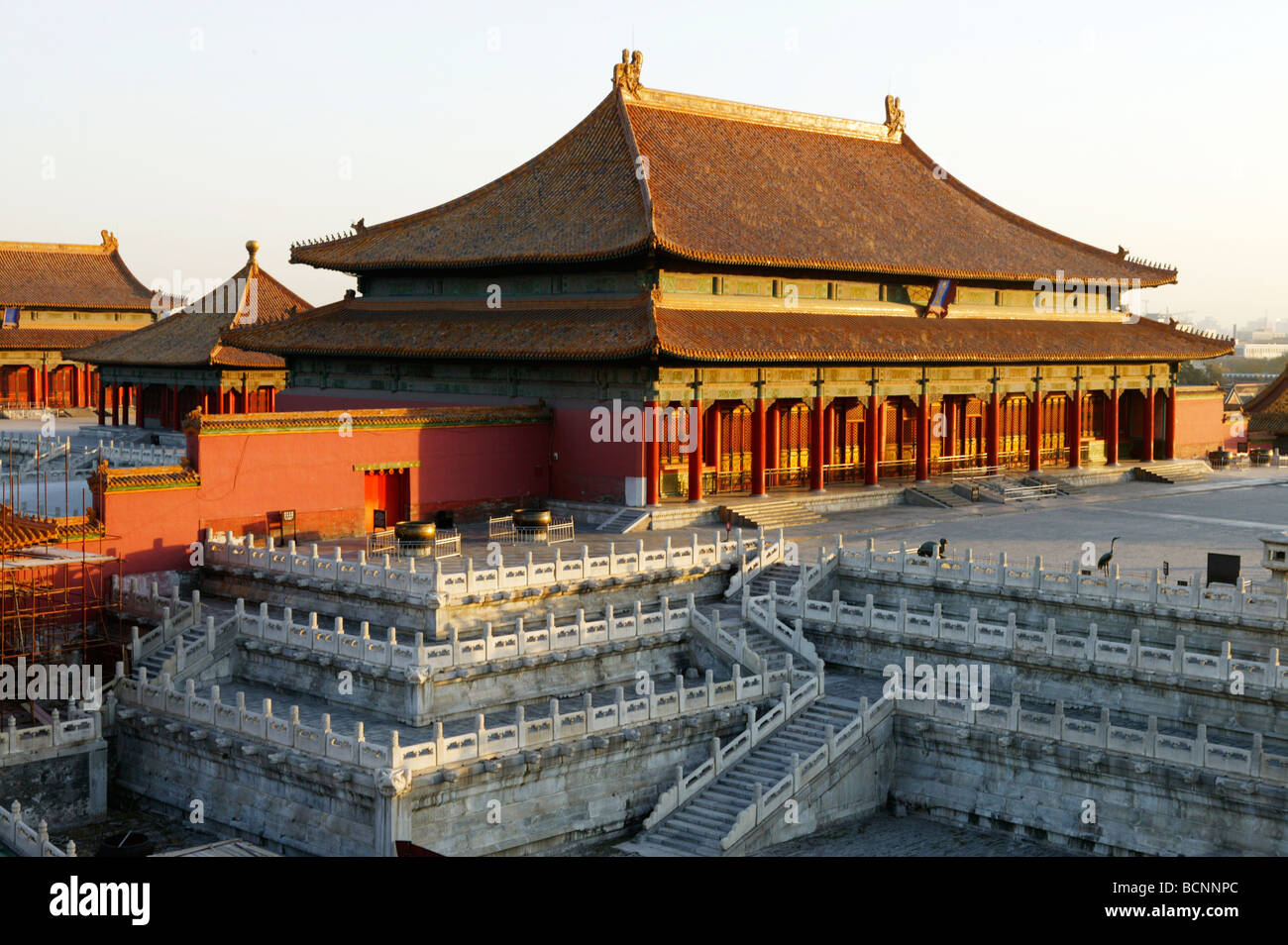 three main halls in the outer court of Forbidden City at sunrise ...