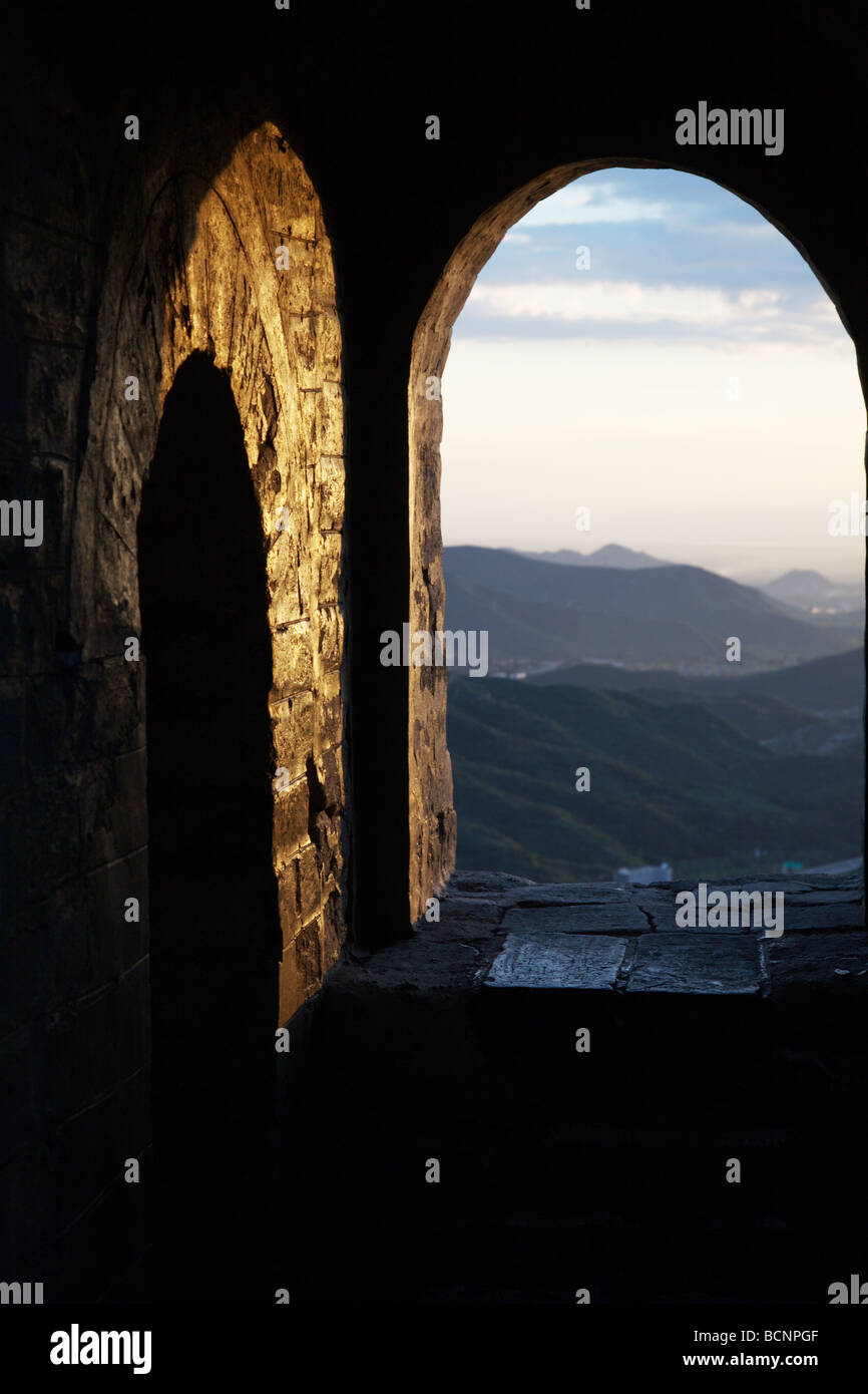 Majestic view through beacon tower window, Badalin Great Wall, Beijing ...