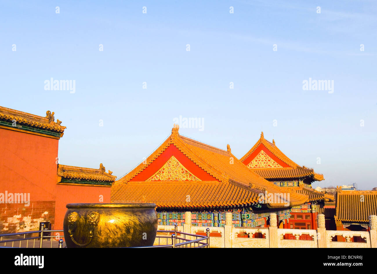View of golden palace roof from terrace of Hall of Preserving Harmony ...