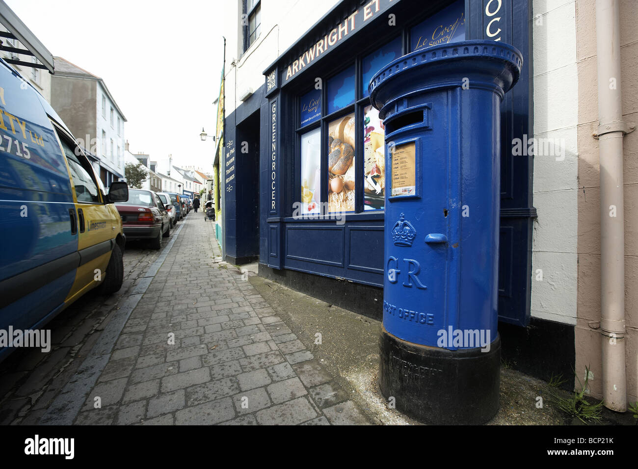 Blue post box in the main street St Anne Alderney Channel Islands UK ...