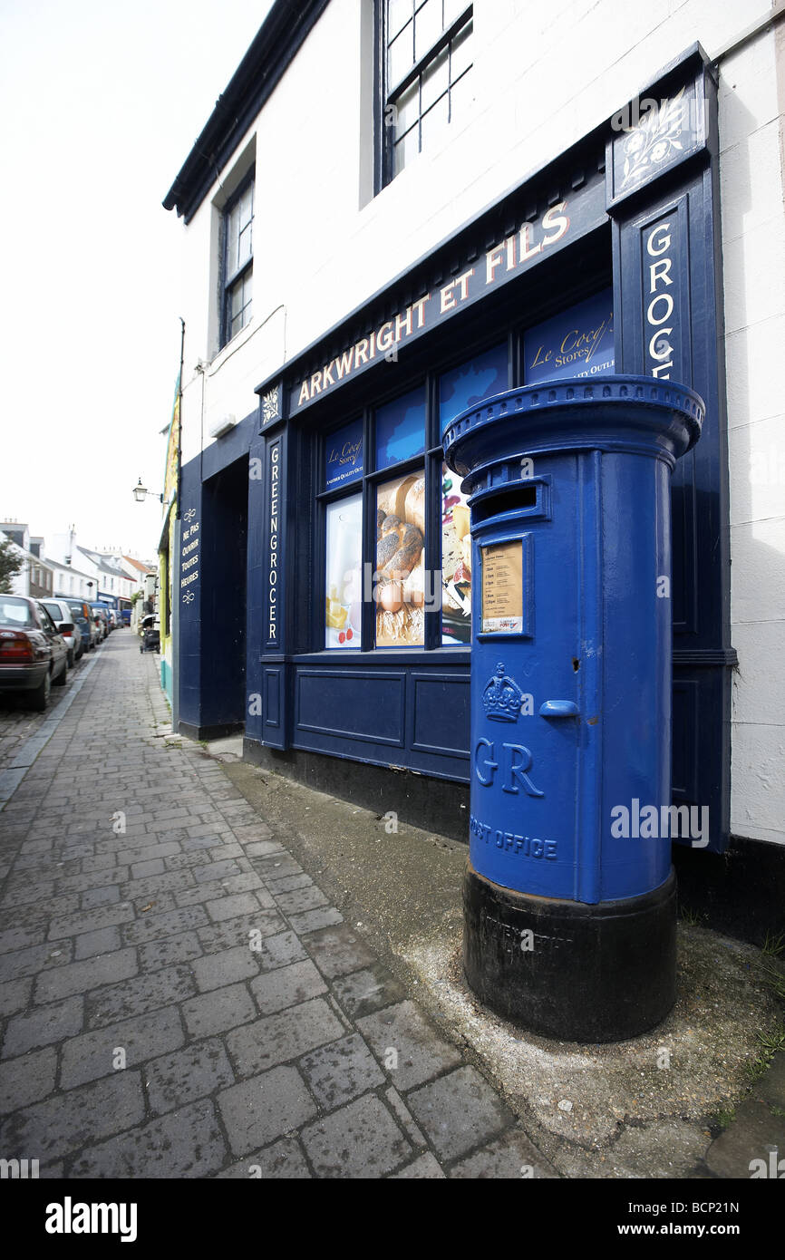 Blue post box in the main street St Anne Alderney Channel Islands UK ...