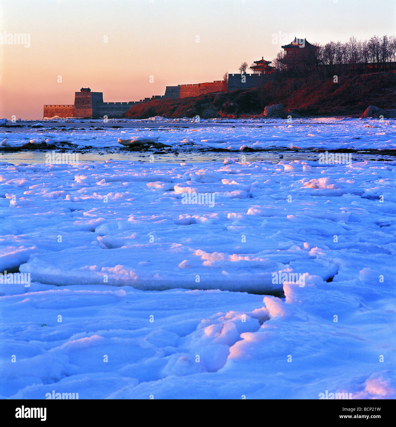 Laolongtou Great Wall surrounded by frozen sea at the eastern most end ...