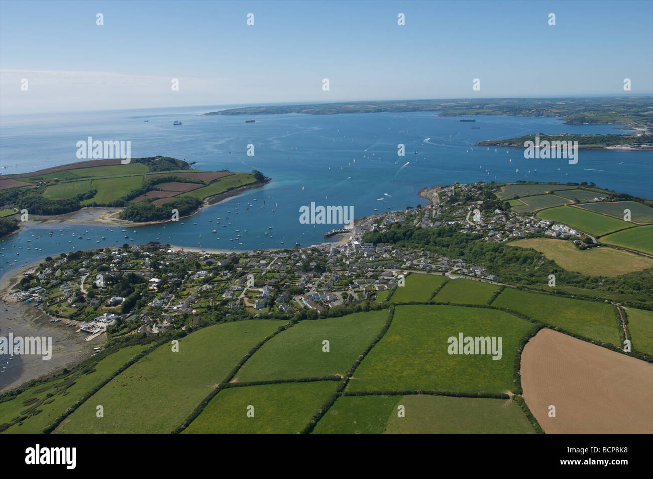 aerial views of St Mawes looking over Falmouth Cornwall Stock Photo - Alamy