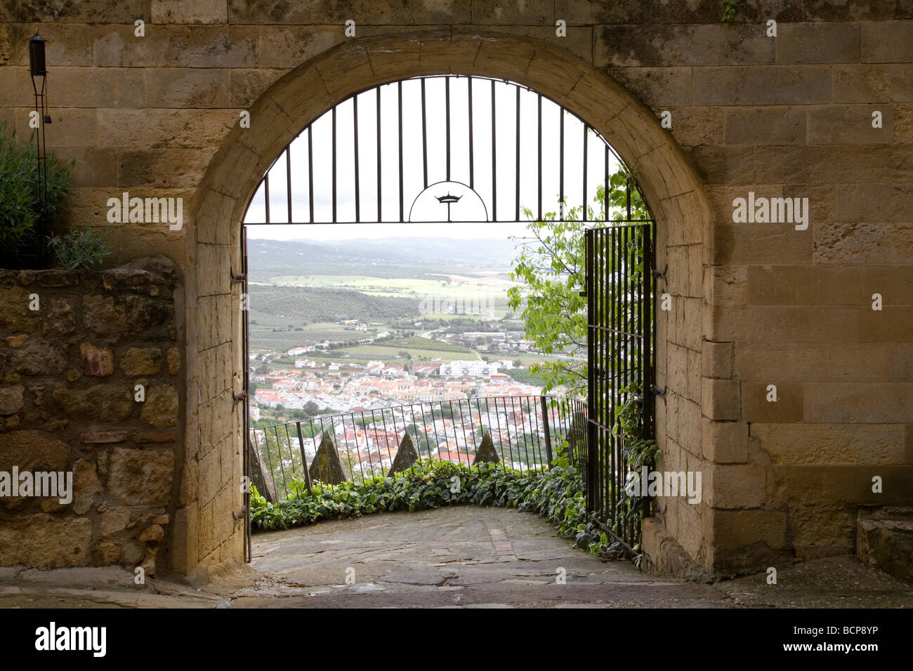 Castle gate or door with view of surrounding landscape, Spain Stock ...