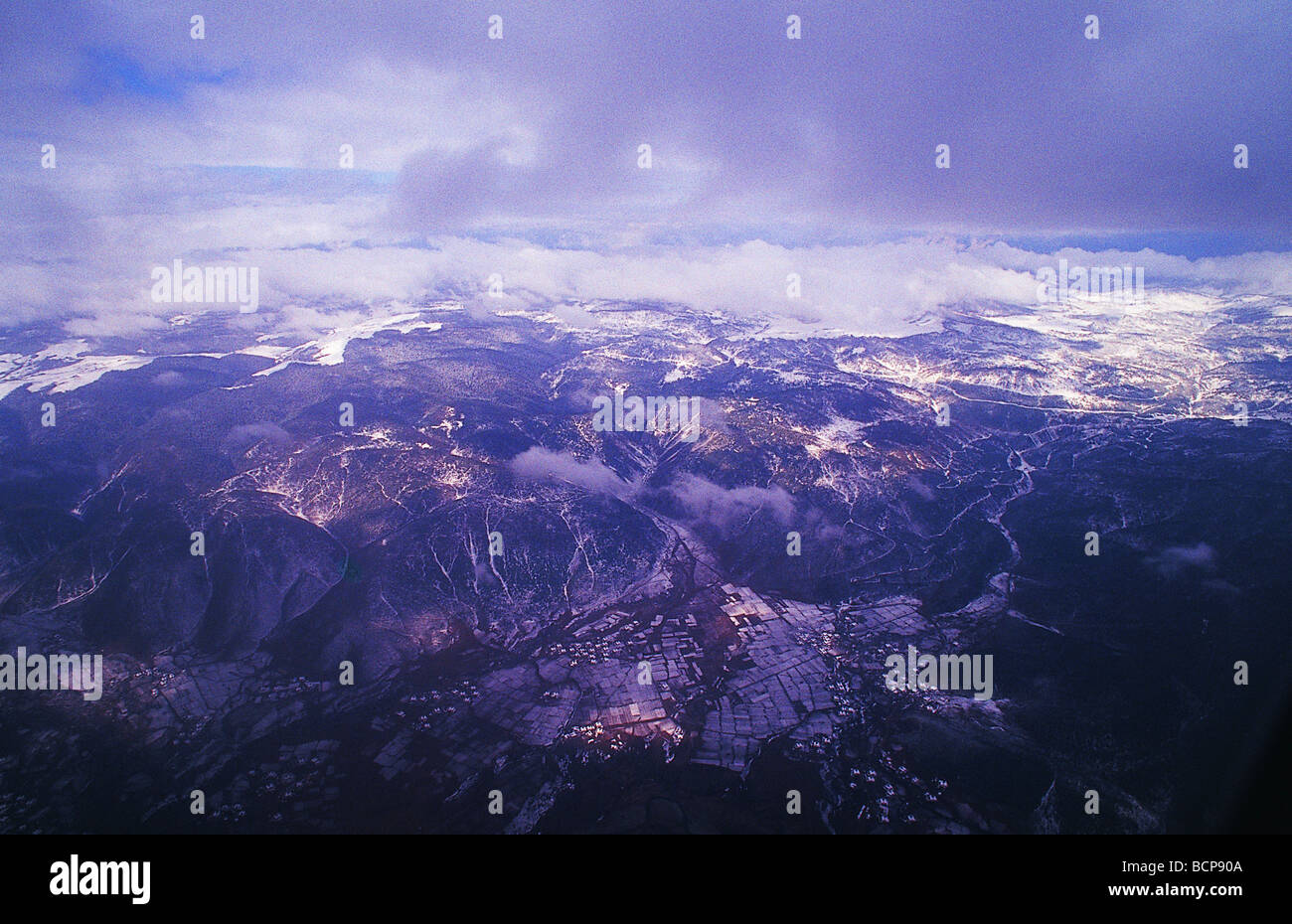 Aerial view of Thousand Lake Mountain and Napahai Lake, Shangri-la ...