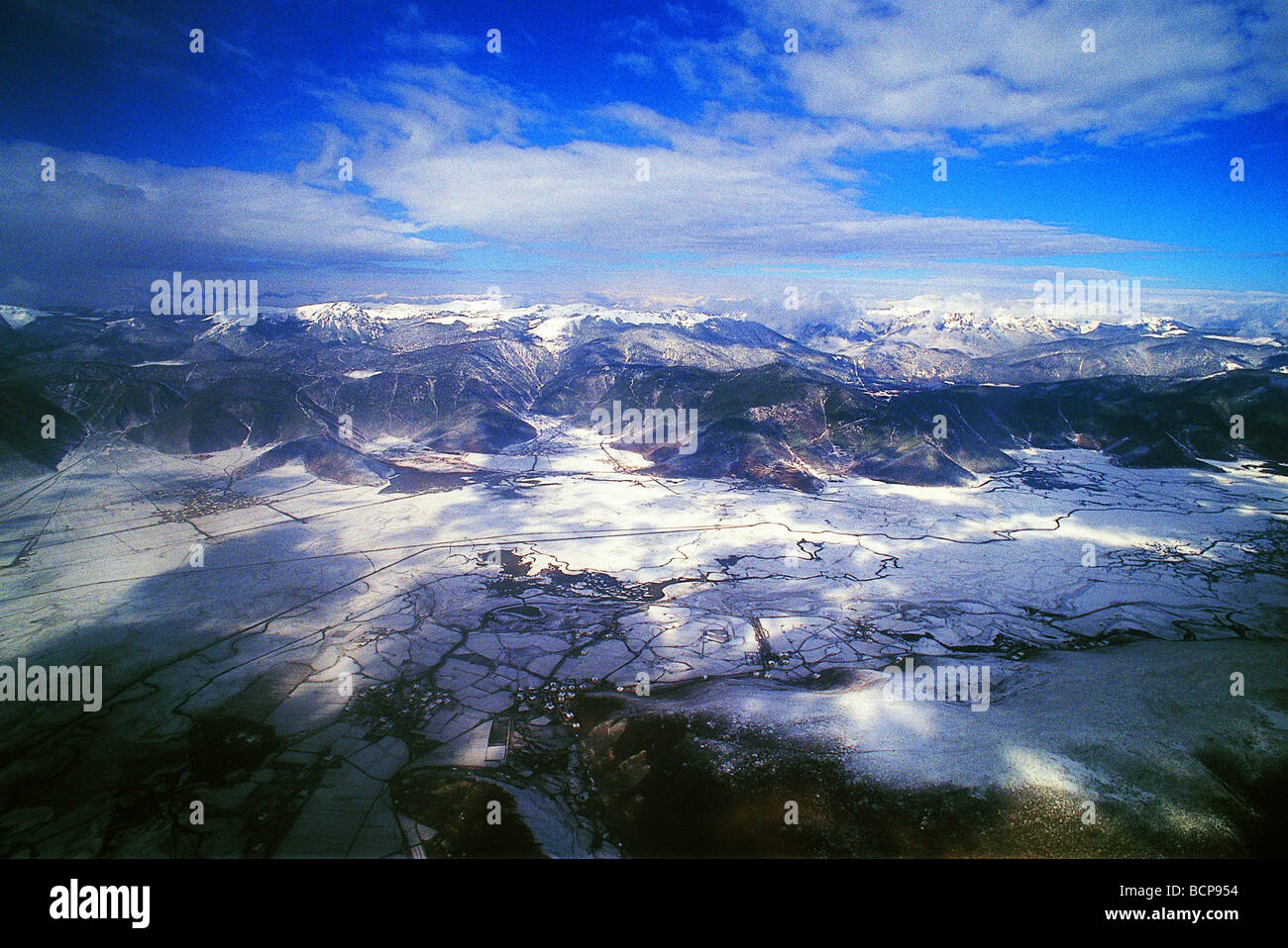 Aerial view of Shangri-la County in winter, Diqing Tibetan Autonomous ...