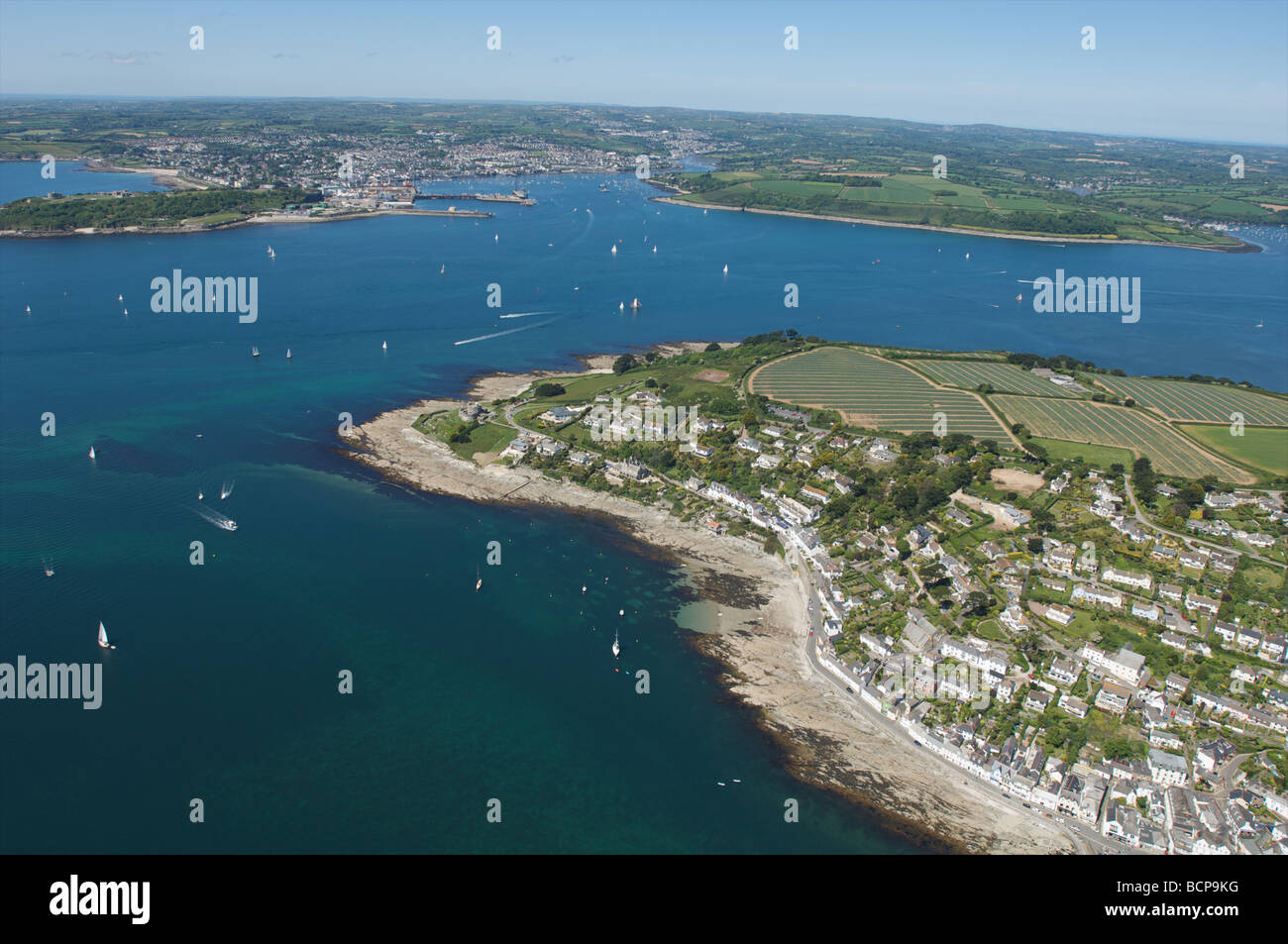 aerial views of Falmouth bay looking at Falmouth Cornwall Stock Photo ...