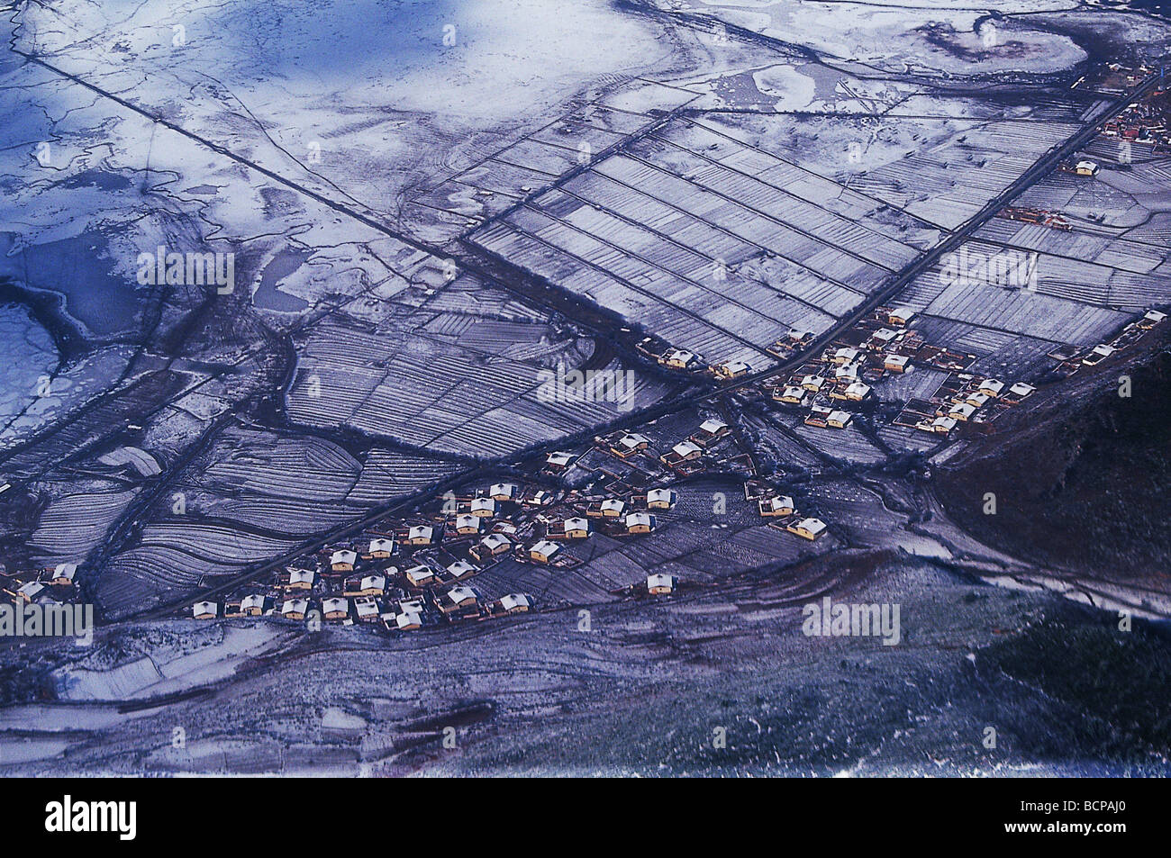 Aerial view of Napahai Lake and Tibetan village, Shangri-la County ...