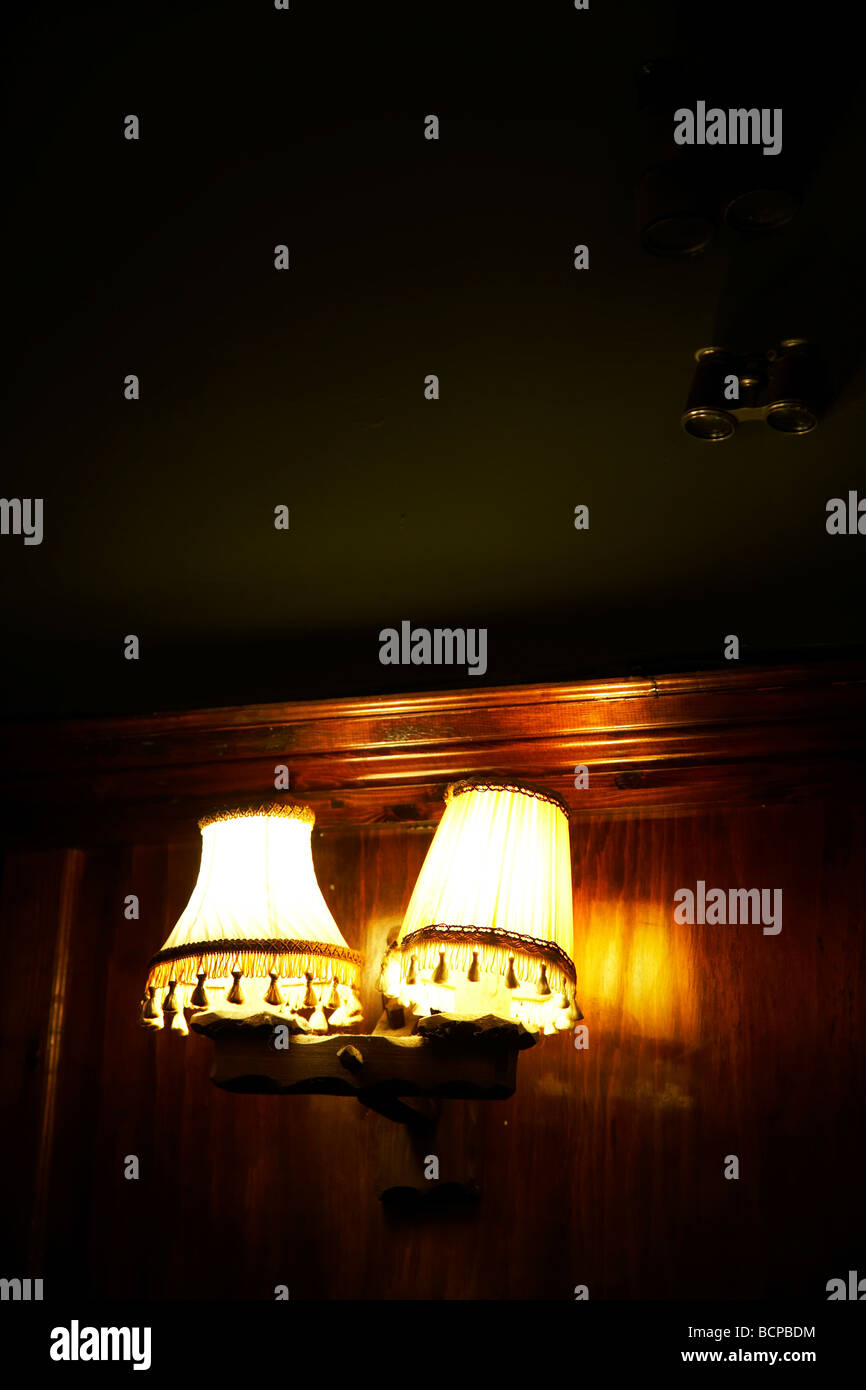 Double light fitting with traditional shades against wooden panelling ...