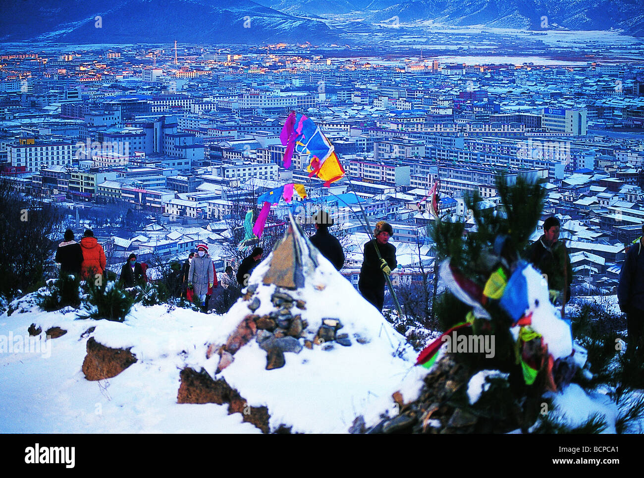 Tibetan setting praying site on a hill above Shangri-la Township ...