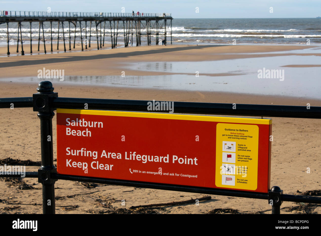 Surfer sign and Saltburn Pier Tees Valley Stock Photo - Alamy