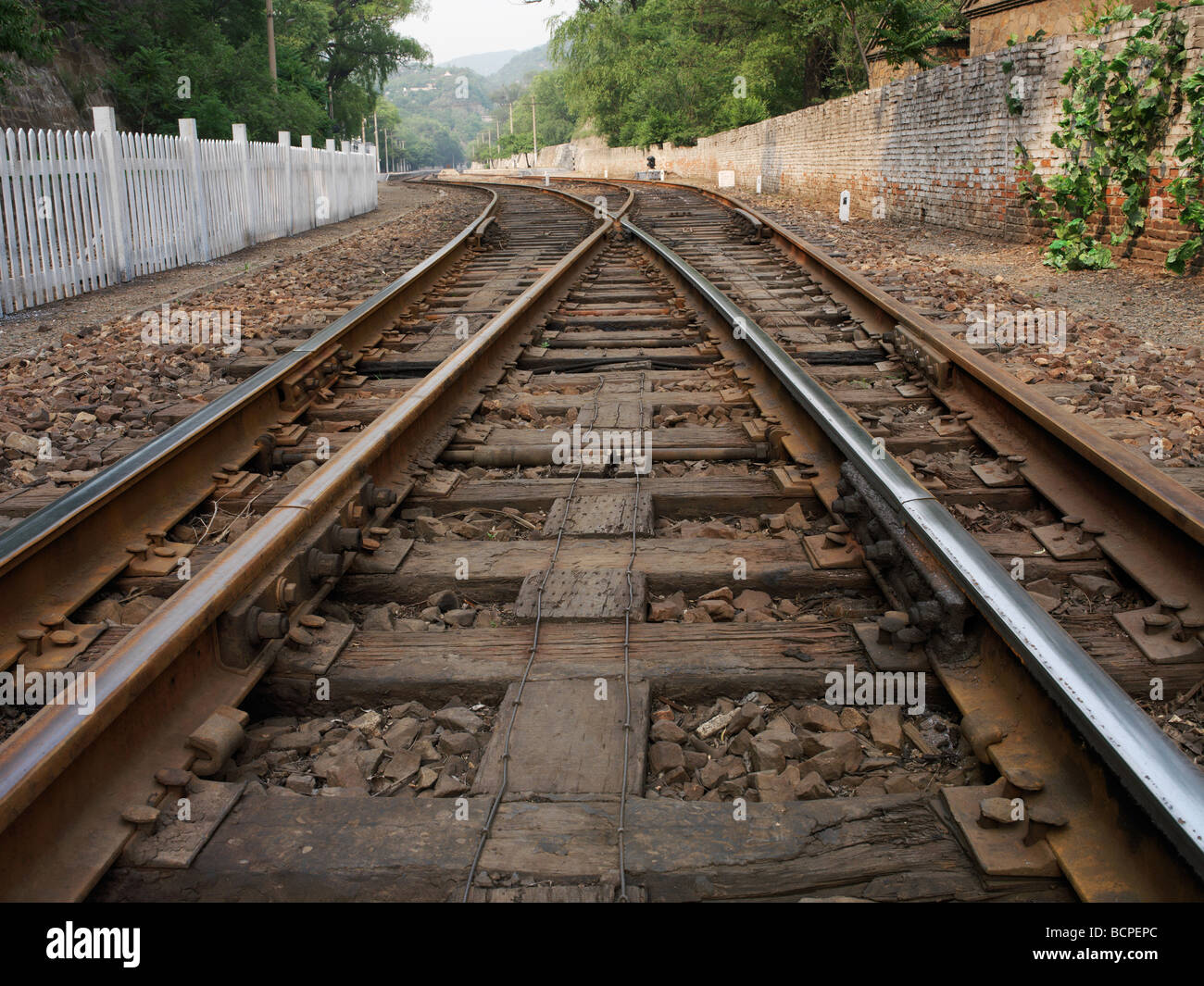 Railway tracks diverting to two different directions at a small railway ...