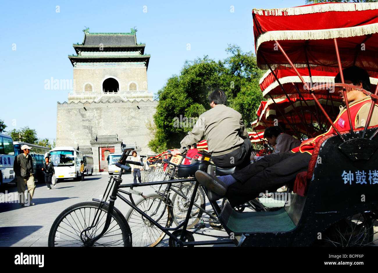 Rickshaw drivers waiting for customers in front of Bell Tower, Beijing ...