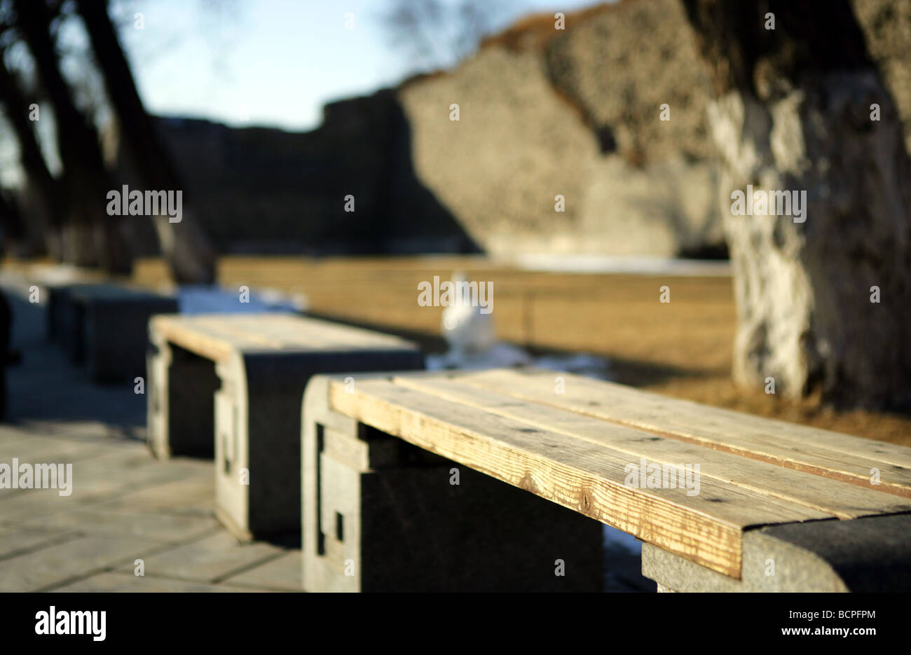 Wooden benches in Ming Dynasty City Wall Relics Park, Beijing, China ...