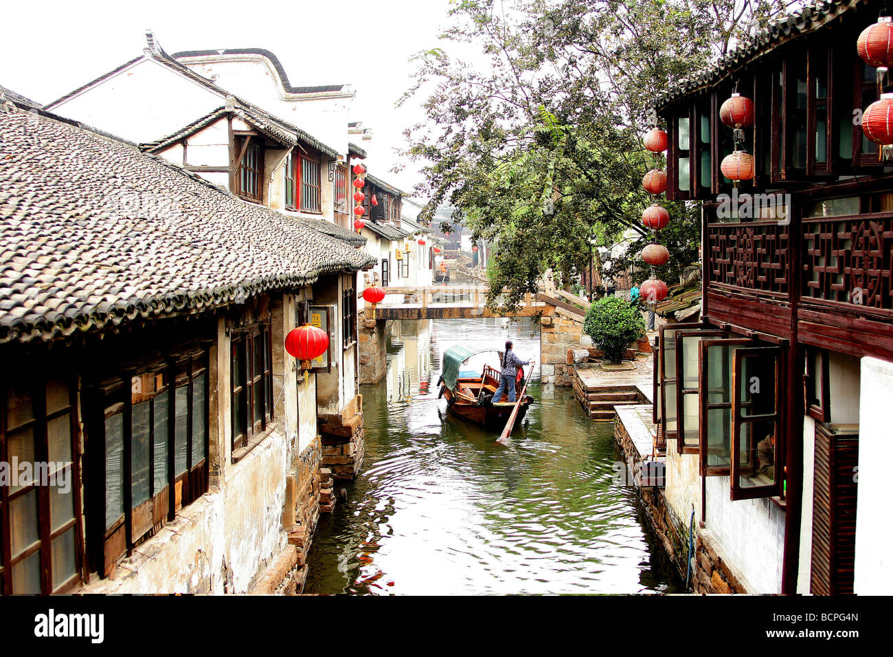 Narrow waterway and traditional riverside residence, Xitang Water Town ...