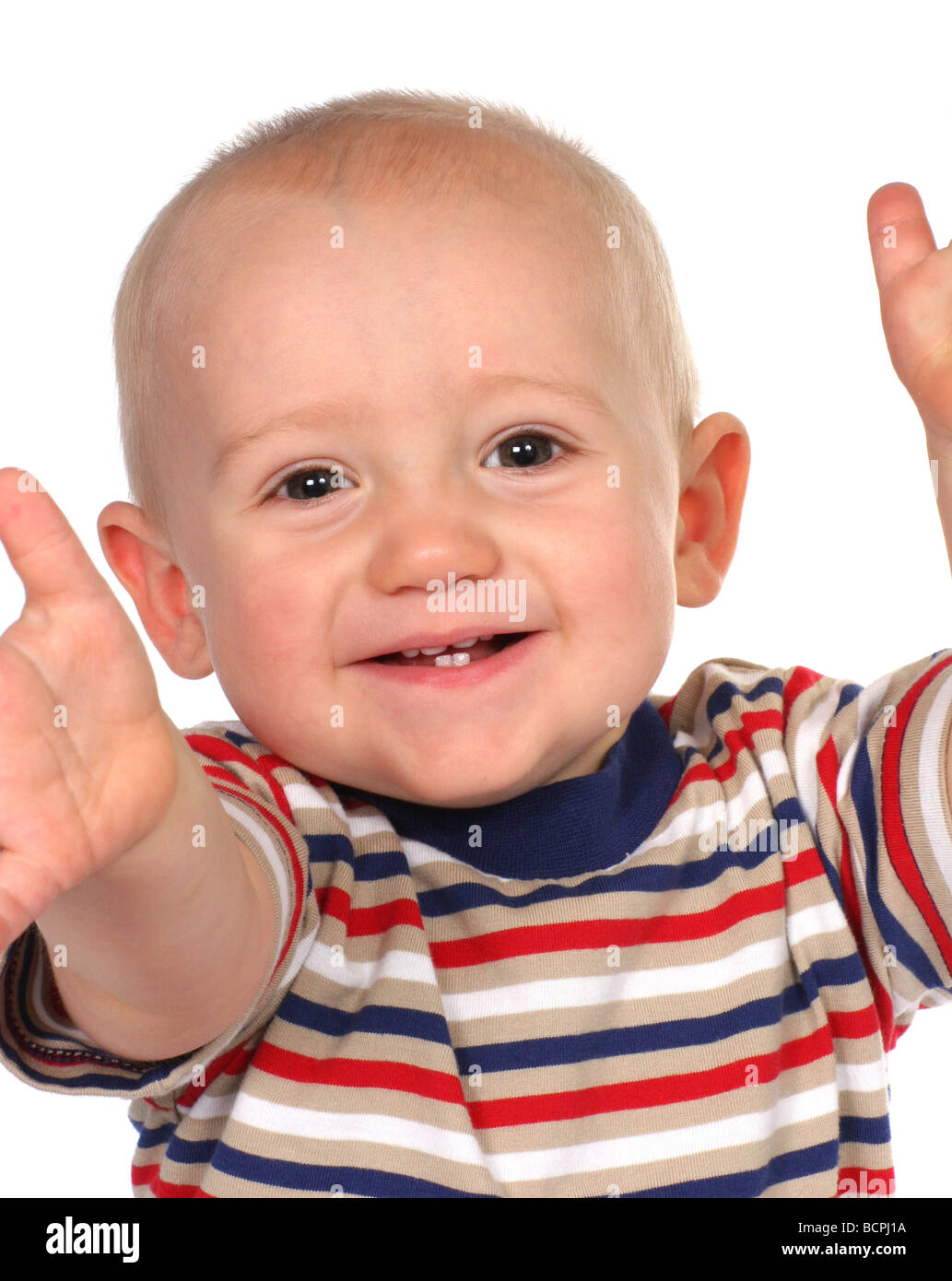 Baby Boy Reaching for the Viewer on White Background Stock Photo - Alamy