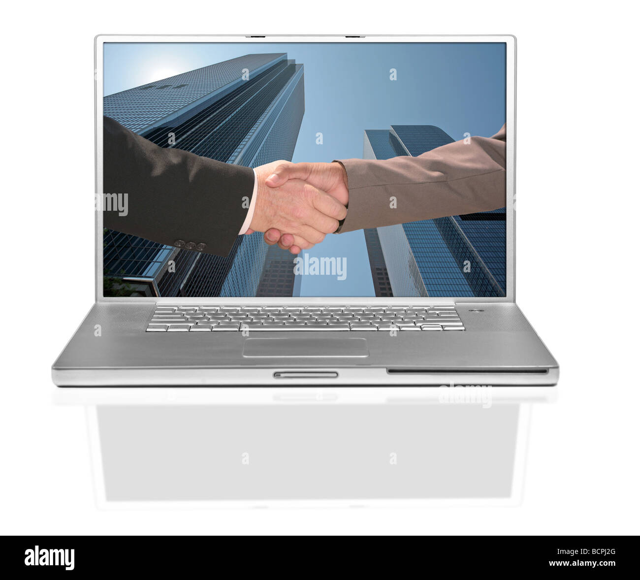 Business Men Handshake on a Computer Screen Against Building Background ...