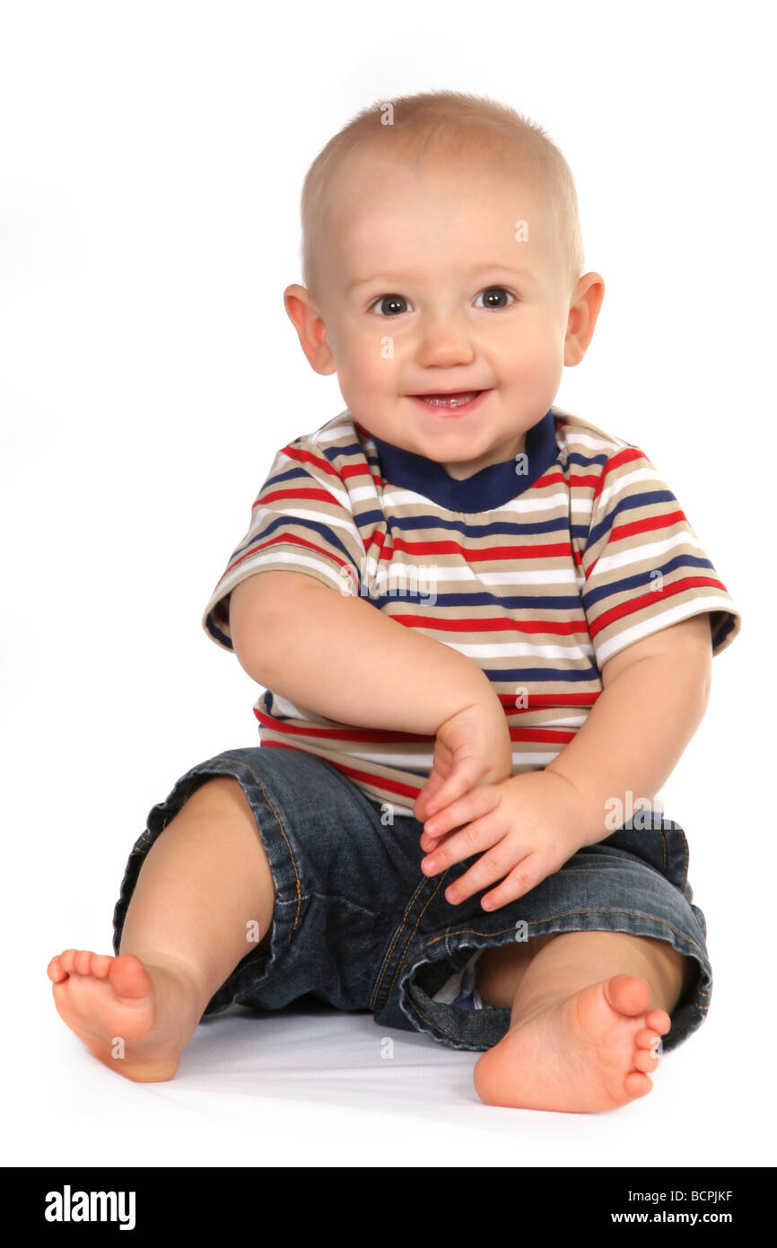 Cute Baby Boy Toddler Sitting and Holding Hand on White Background ...