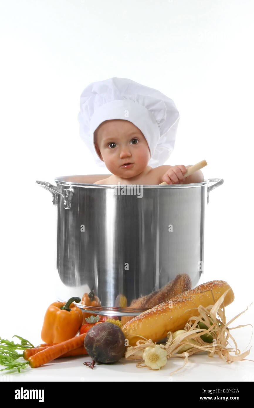 Bright Eyed Baby Chef in a Pot on White Background Stock Photo - Alamy