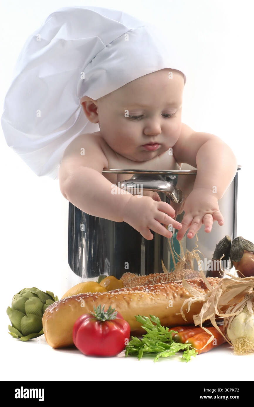 Cute Chubby Baby Chef in a Cooking Pot Looking Down Image is Soft Stock ...