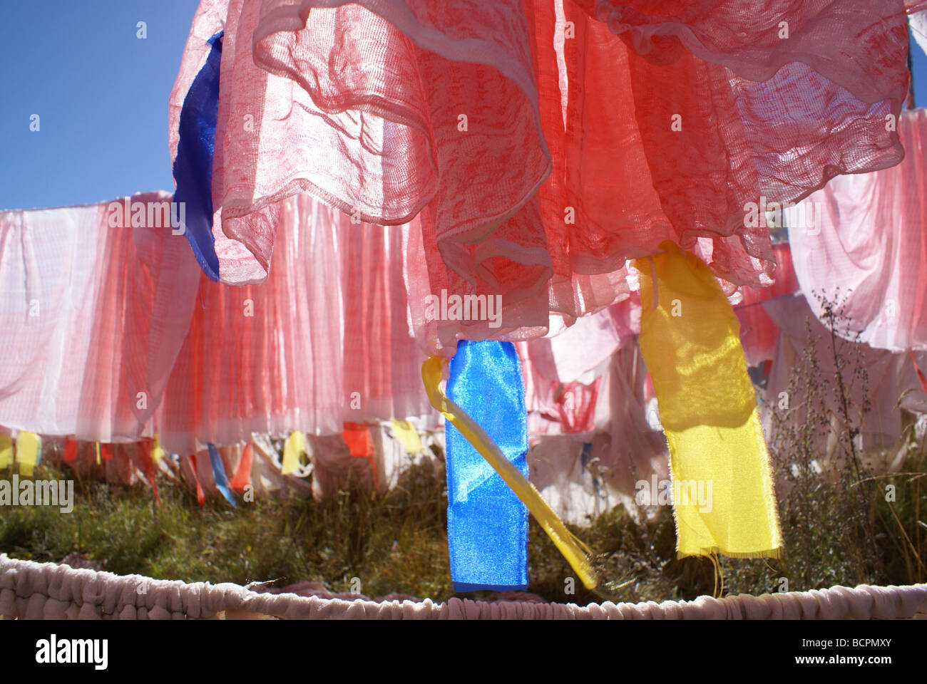 Colorful prayer flags beside Waqie Buddhist Pagodas, Hongyuan, Aba ...