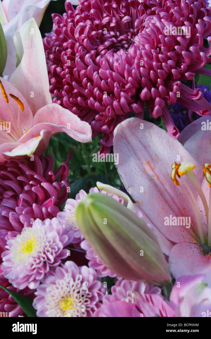 Beautiful bouquet of colorful flowers background from above overhead ...