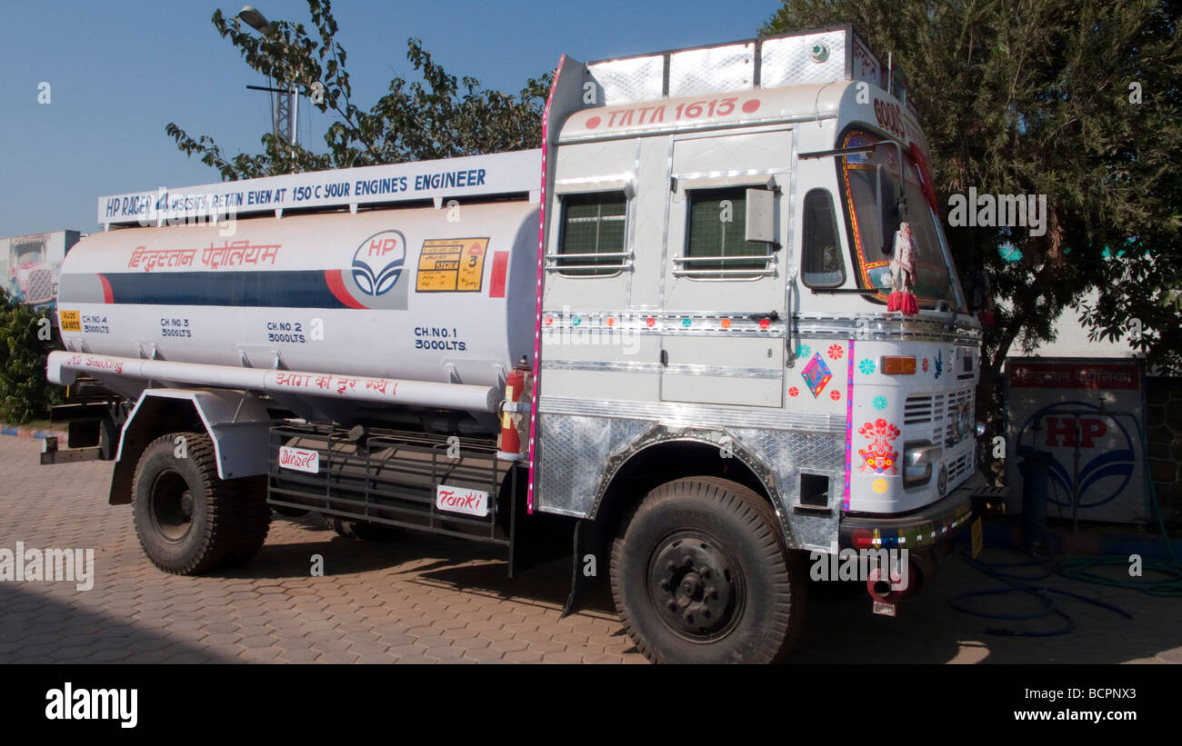 Decorated HP petrol tanker with amusing English language signage India ...