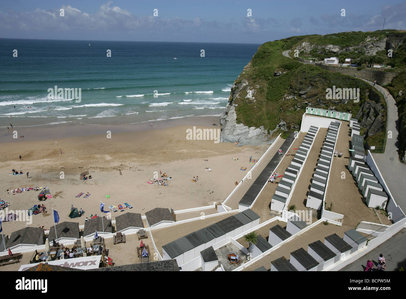Town of Newquay, England. Elevated view of Tolcarne Beach at ...