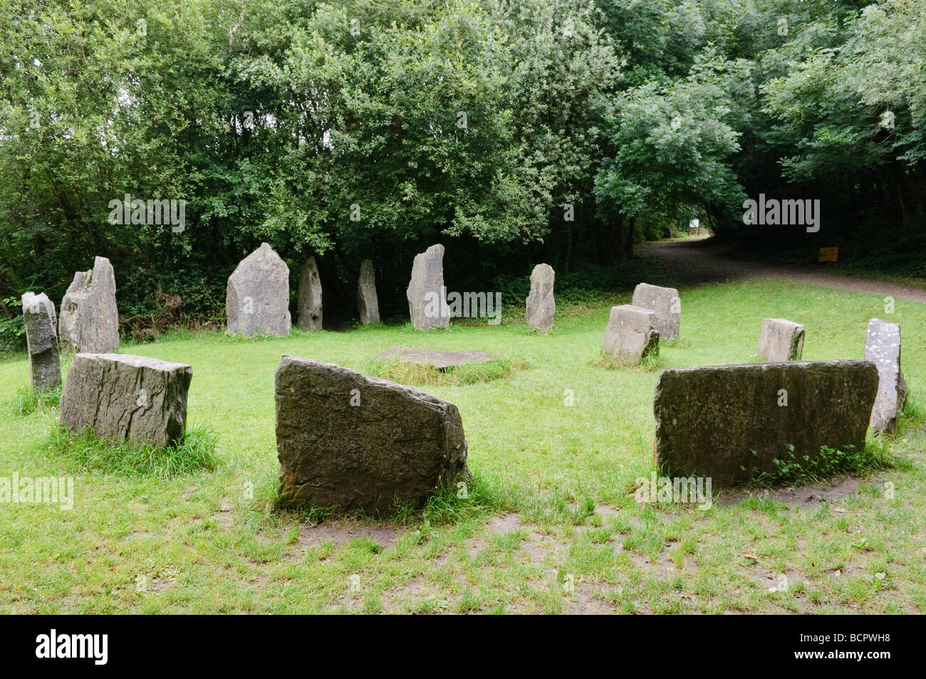 Standing stones form a stone circle in the Irish National Heritage Park ...