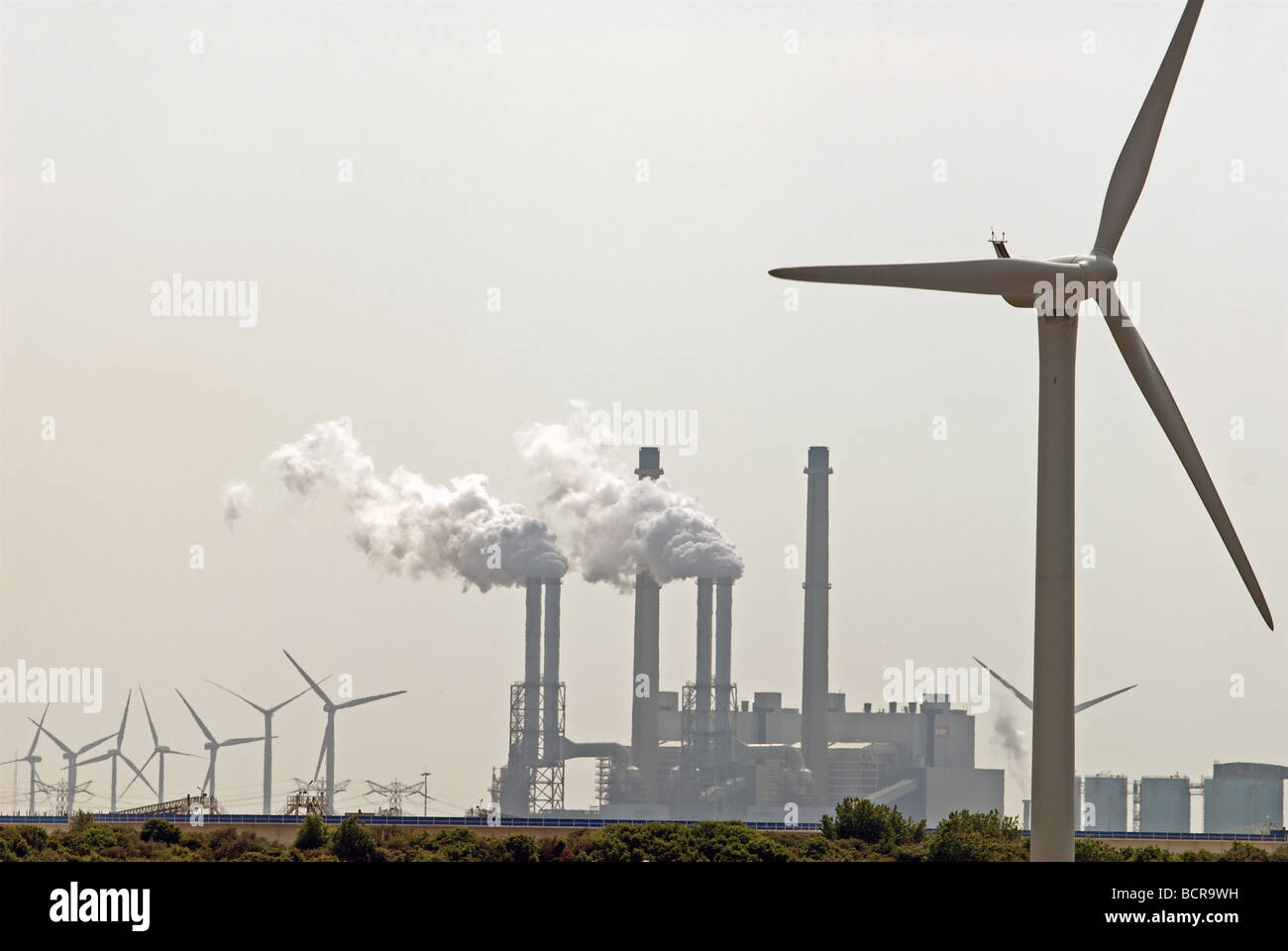 E.ON coal-fired power station and wind turbines, Holland Stock Photo ...