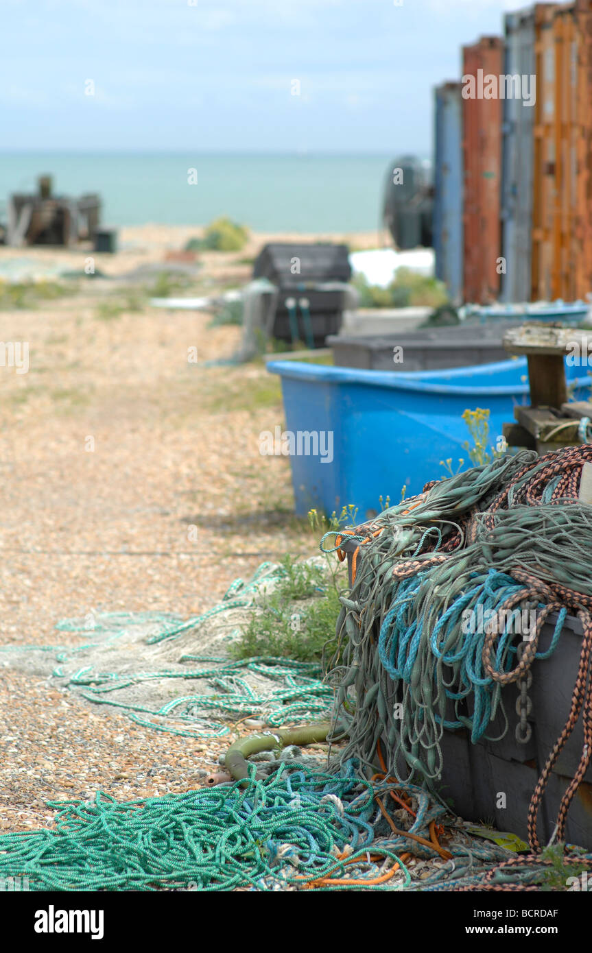 Box of ropes and fishing nets, Dungeness beach, Kent Stock Photo - Alamy