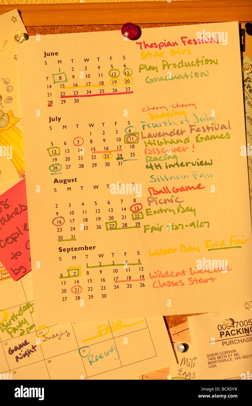 Home bulletin board with notes schedules reminders and important dates ...