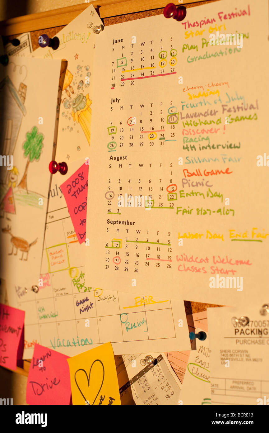 Home bulletin board with notes schedules reminders and important dates ...