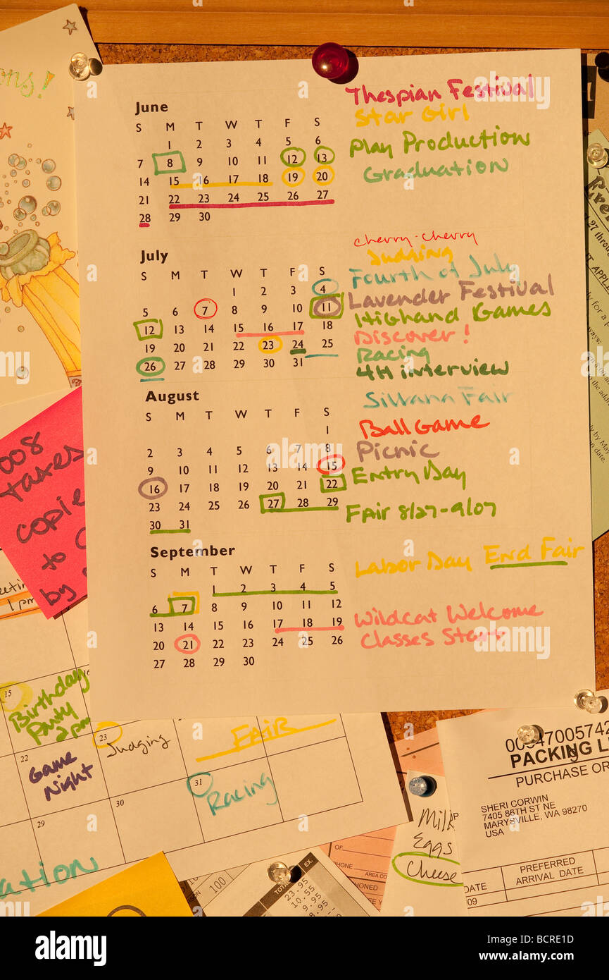 Home bulletin board with notes schedules reminders and important dates ...