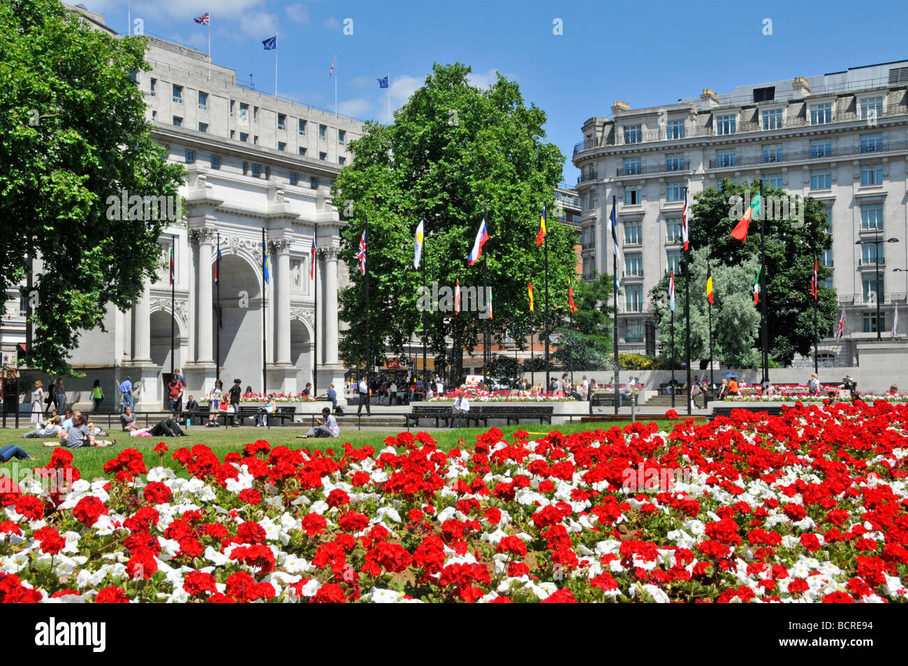 The Marble Arch area with summer flower beds Stock Photo - Alamy