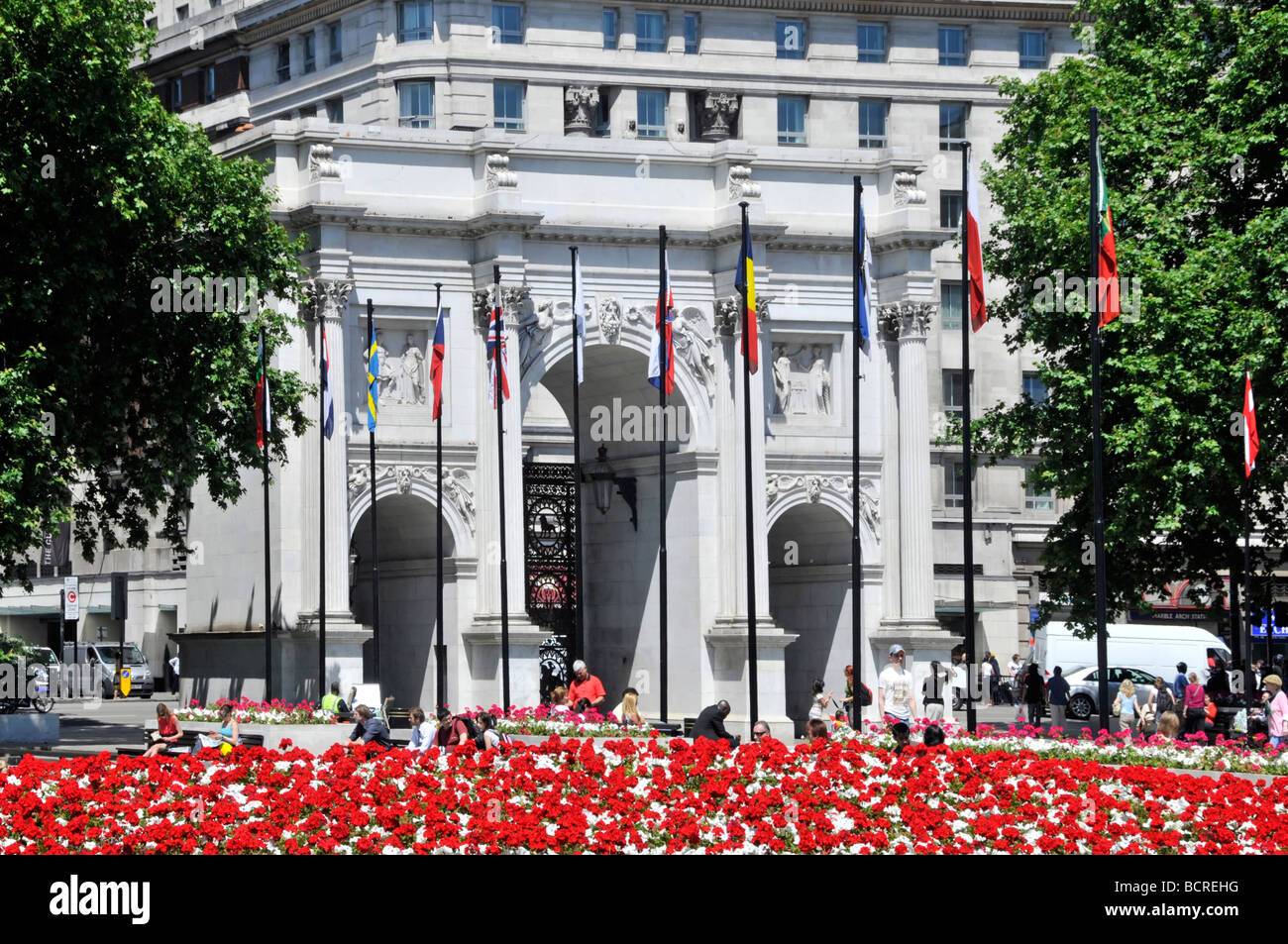 The Marble Arch area with summer flower beds Stock Photo - Alamy