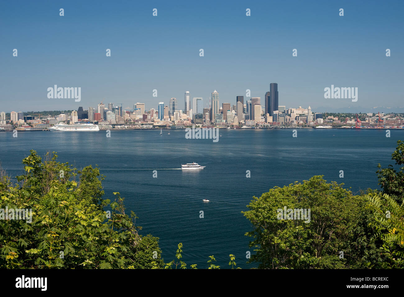 Retro image of Seattle skyline from West Seattle with boats in Elliott ...