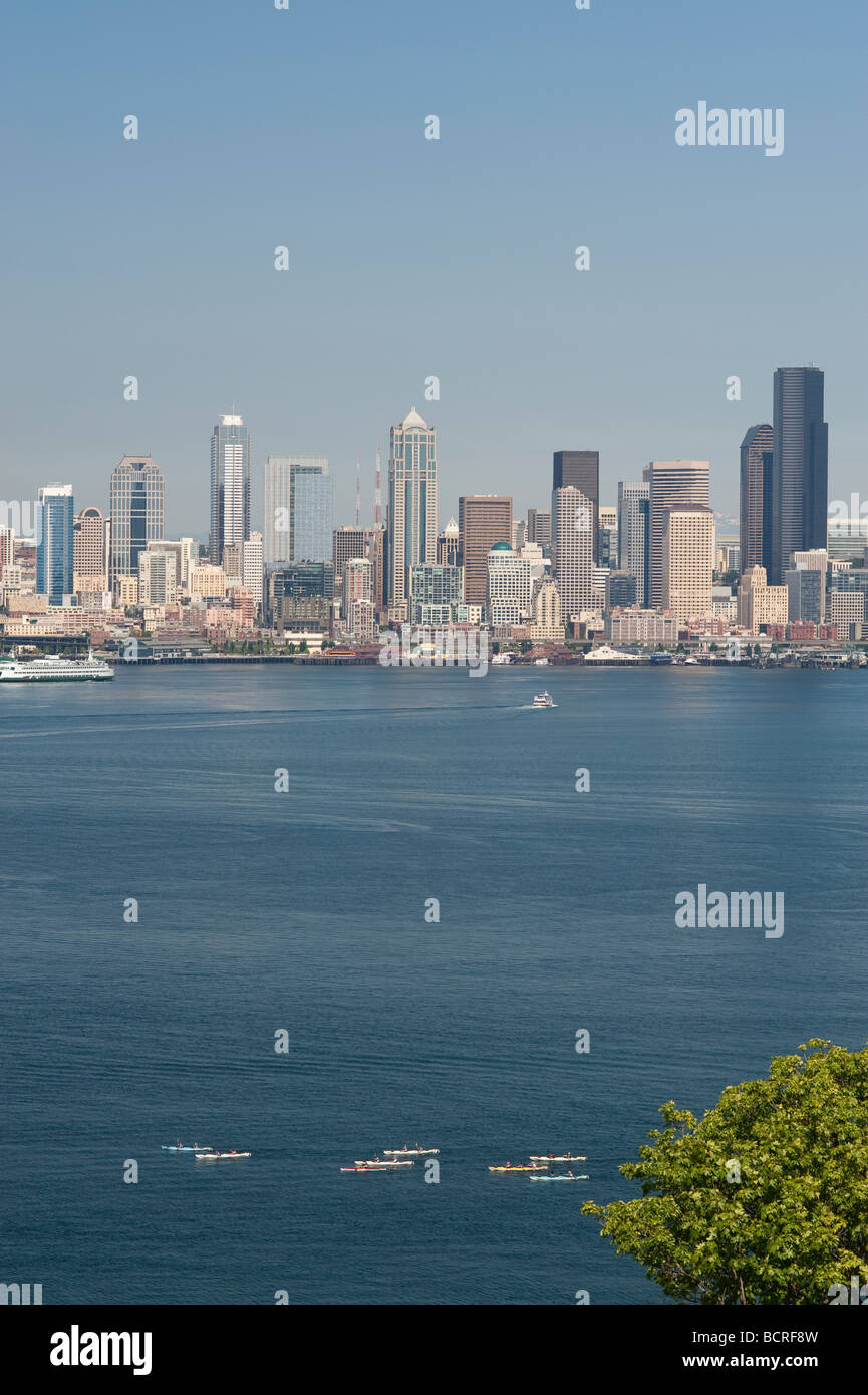 Seattle skyline from West Seattle with boats in Elliott Bay on a bright ...
