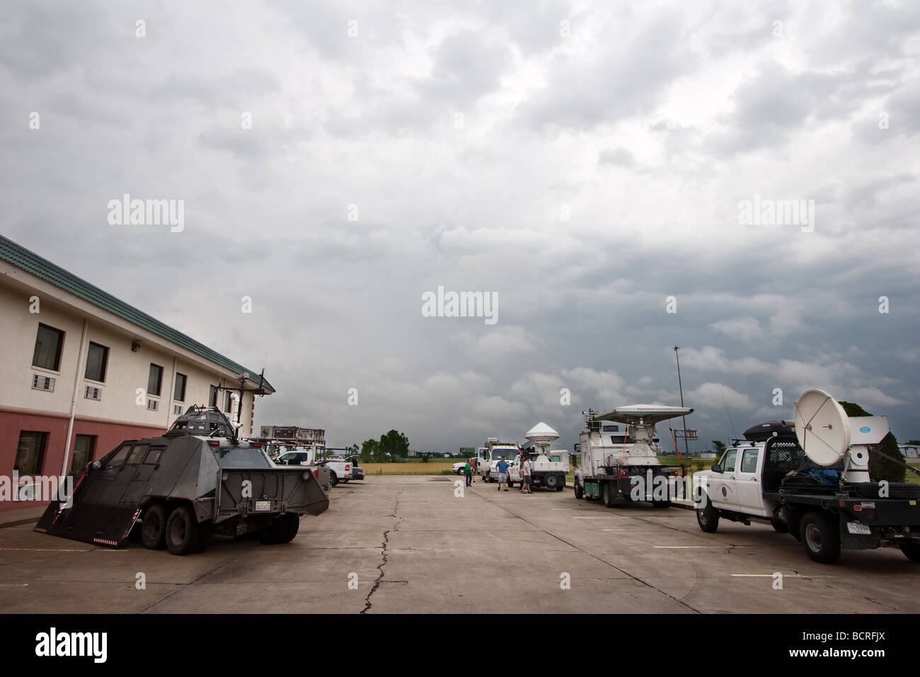 Vehicles participating in Project Vortex 2 parked outside a hotel in ...