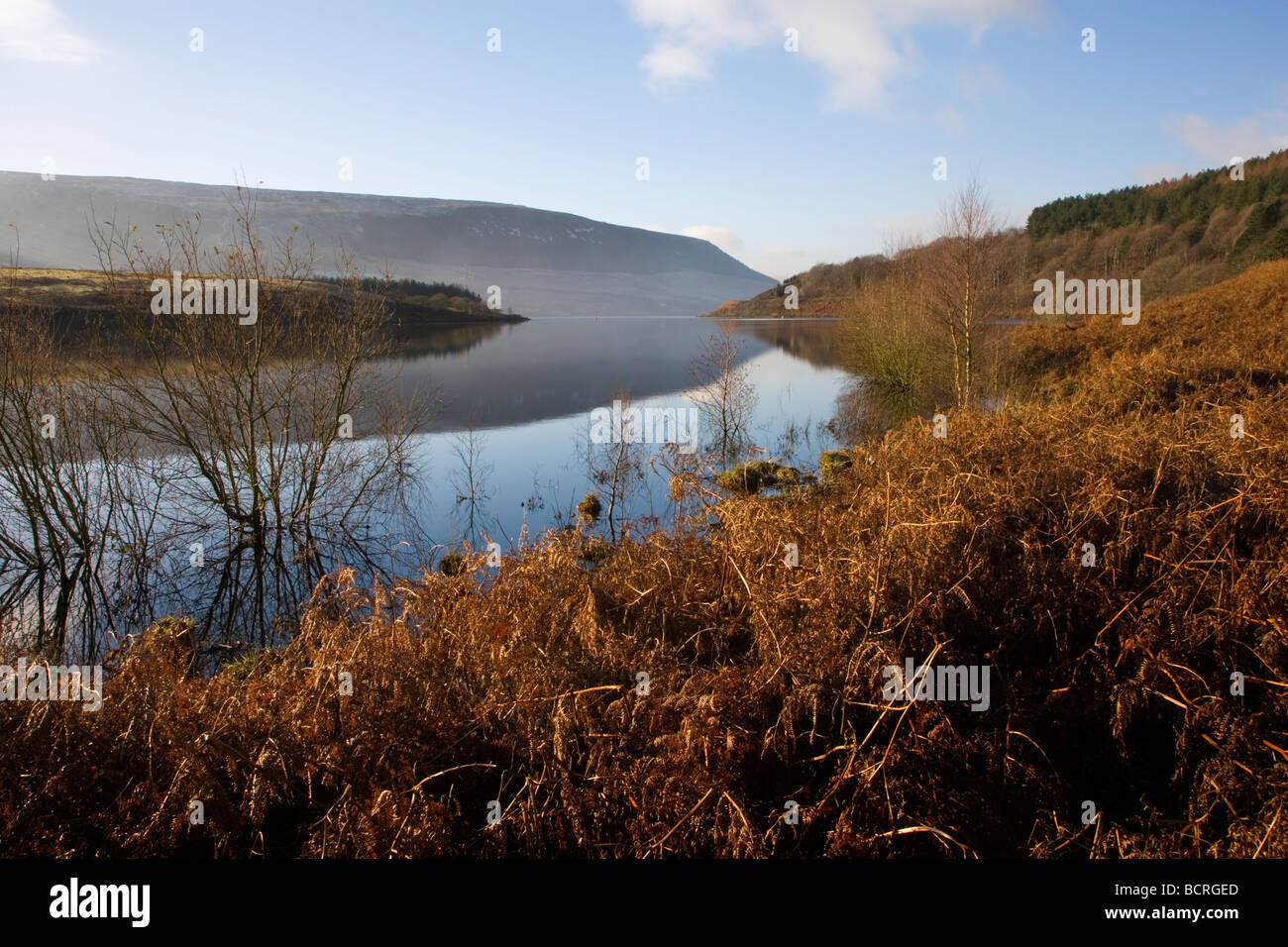 View of Torside Reservoir on a still winters day in the Longdendale ...