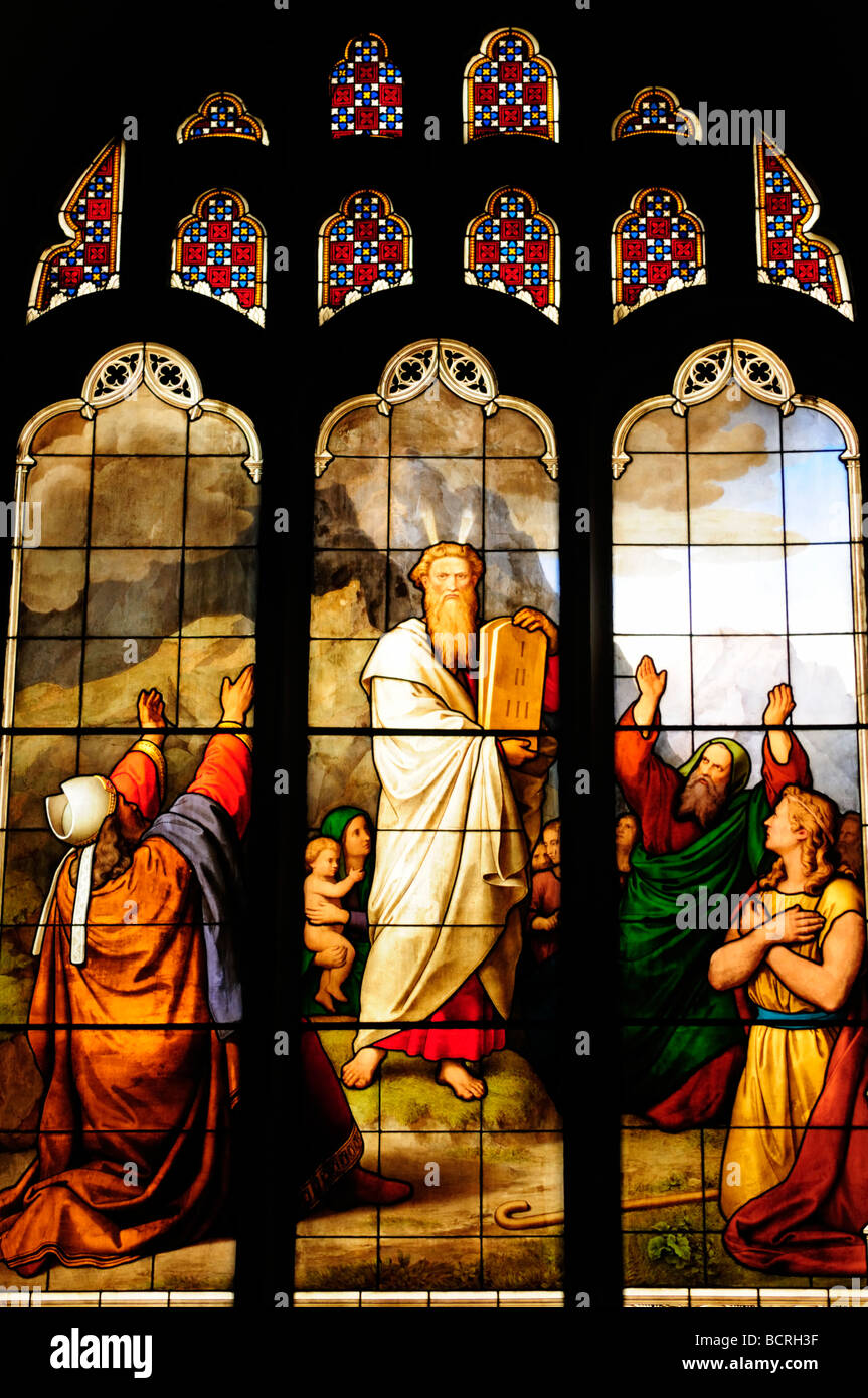 Stained Glass Window depicting Moses and the 10 Commandments in ...