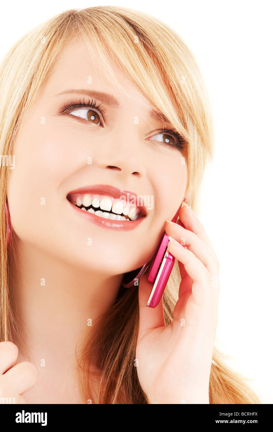 portrait of happy girl with pink phone Stock Photo - Alamy