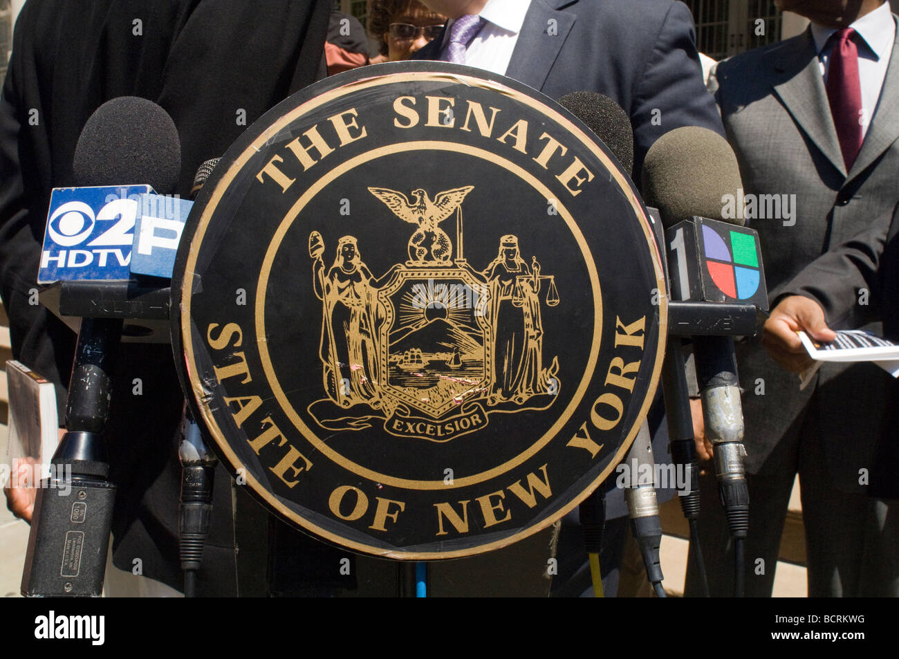 The seal of the New York State Senate on a microphone stand at a news ...