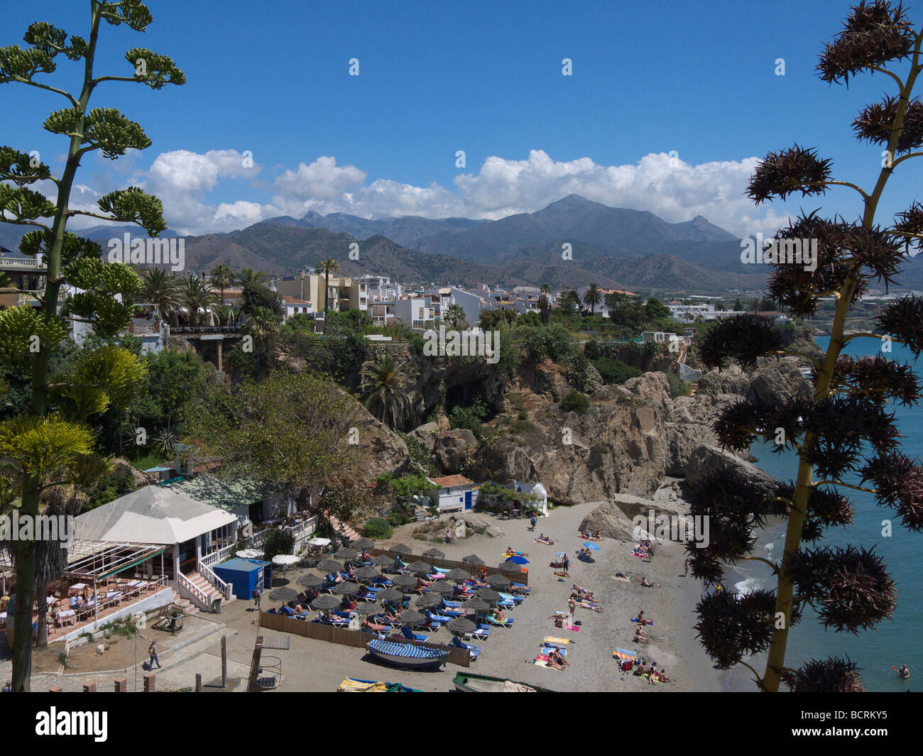 Beach scenes in Nerja, a sleepy Spanish Holiday resort on the Costa Del ...